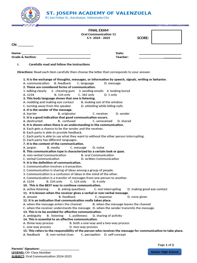Oral Communication Exam For Finals | PDF | Communication | Nonverbal ...