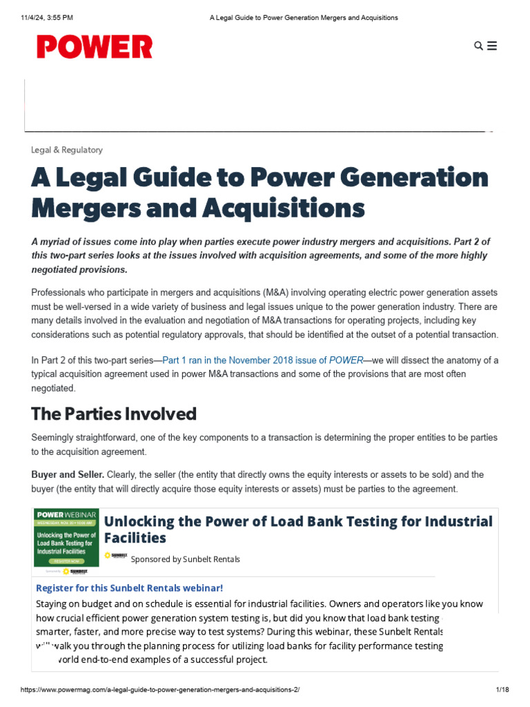 A Legal Guide To Power Generation Mergers and Acquisitions | PDF ...