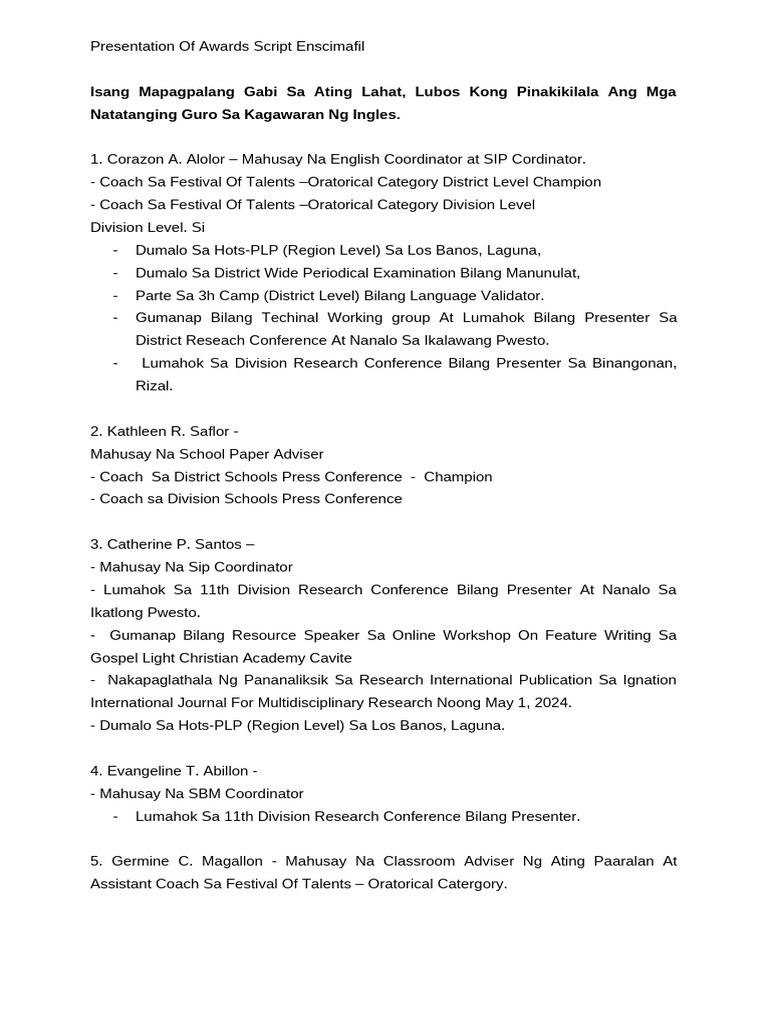 Presentation of Awards Script ENSCIMAFIL | PDF | Linguistics | Philippines