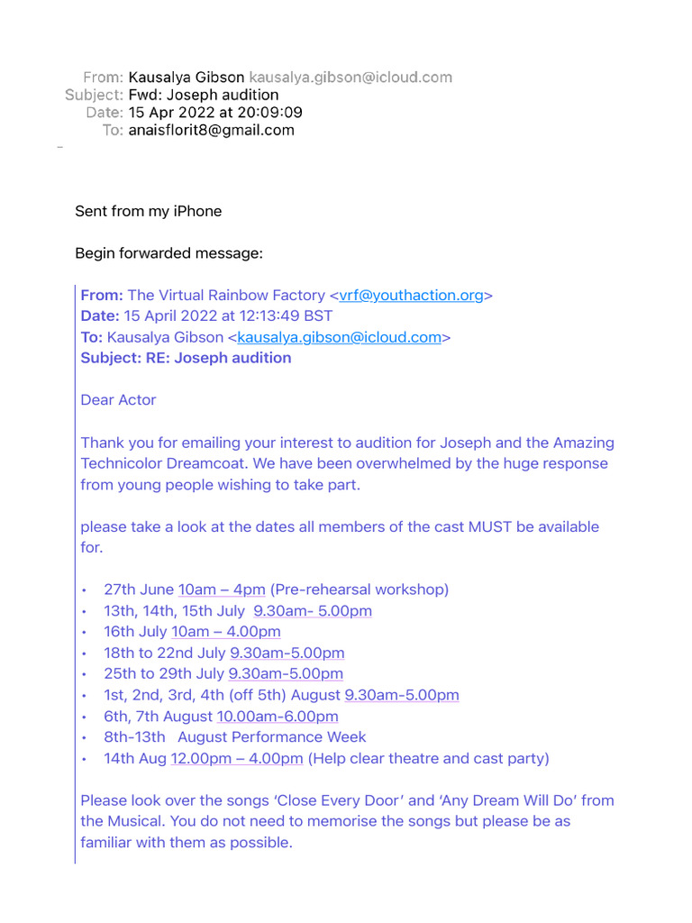 Joseph Audition Details and Schedule | PDF