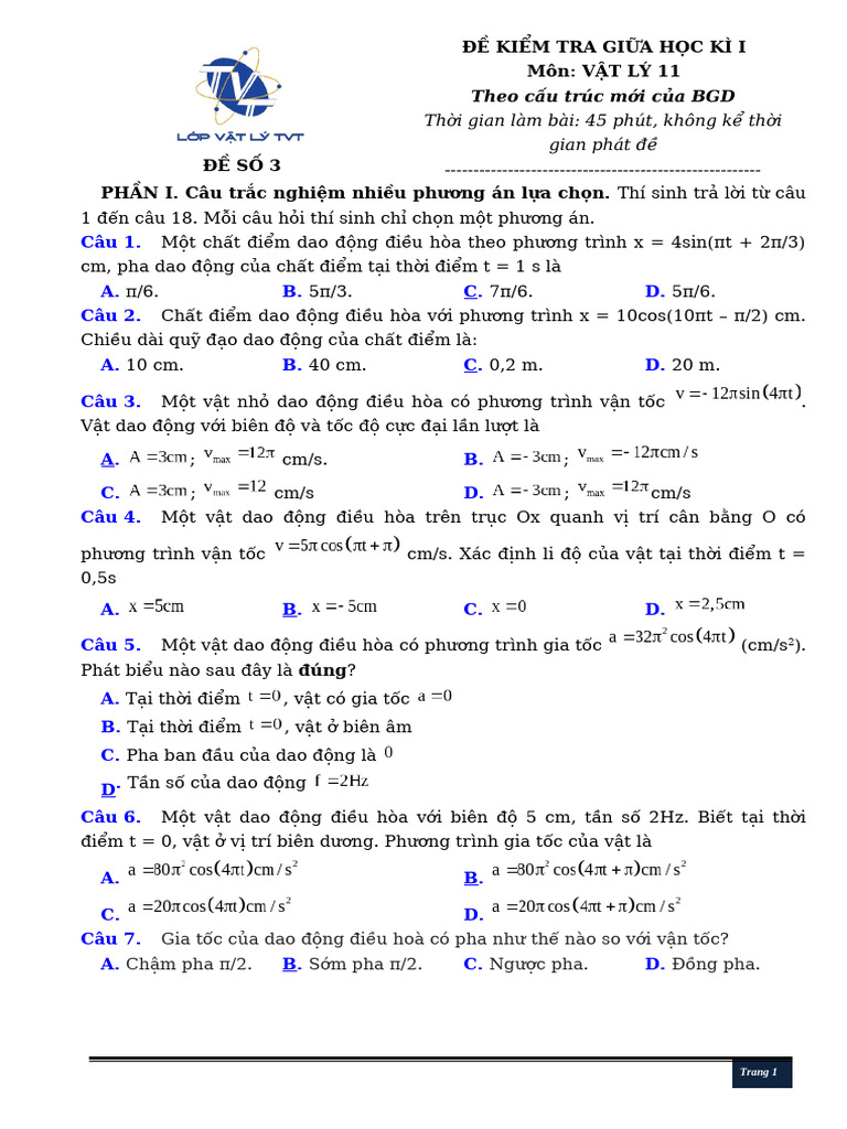 Đề GK1 Lí 11 form mới | PDF