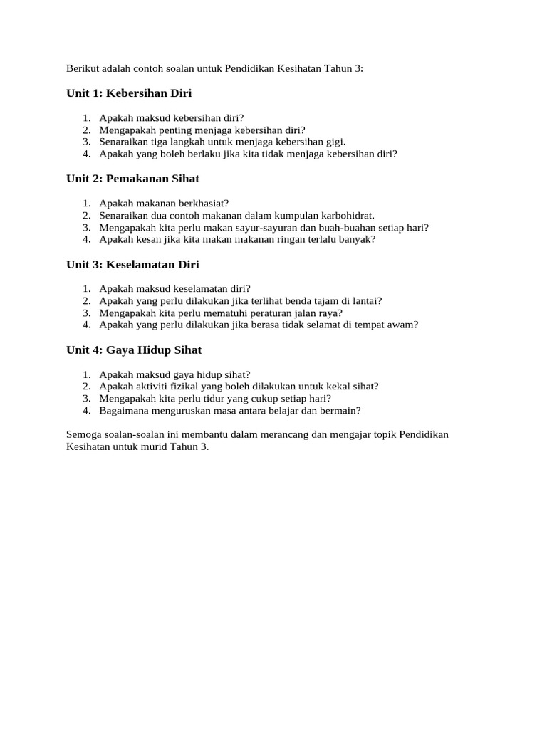 Berikut Adalah Contoh Soalan Untuk Pendidikan Kesihatan Tahun 3 .SCB | PDF