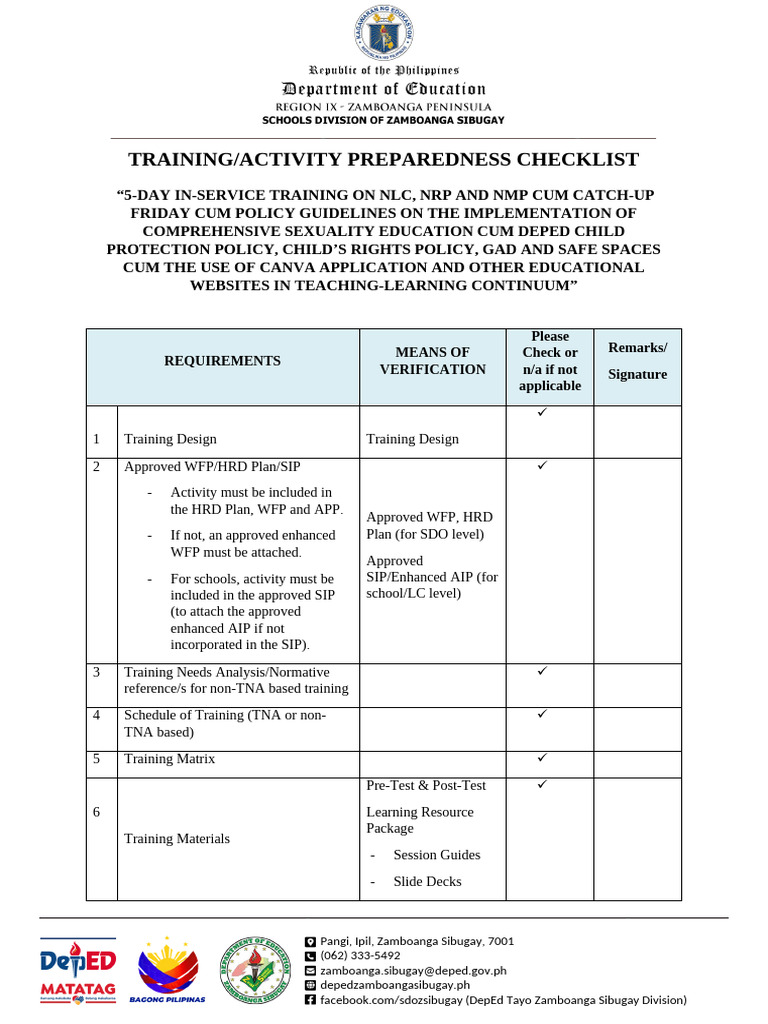 Inset 2024 Training Preparedness Checklist | PDF