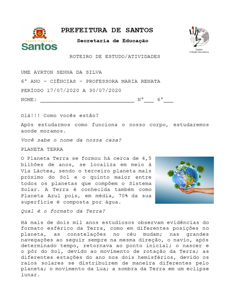 Movimentos da Terra para 6º Ano | PDF | Terra | Planetas