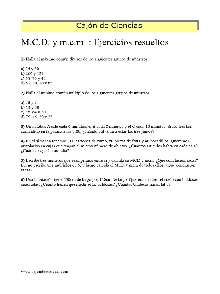 EJERCICIOS MMCD y MCM | PDF | Aritmética | Matemáticas discretas