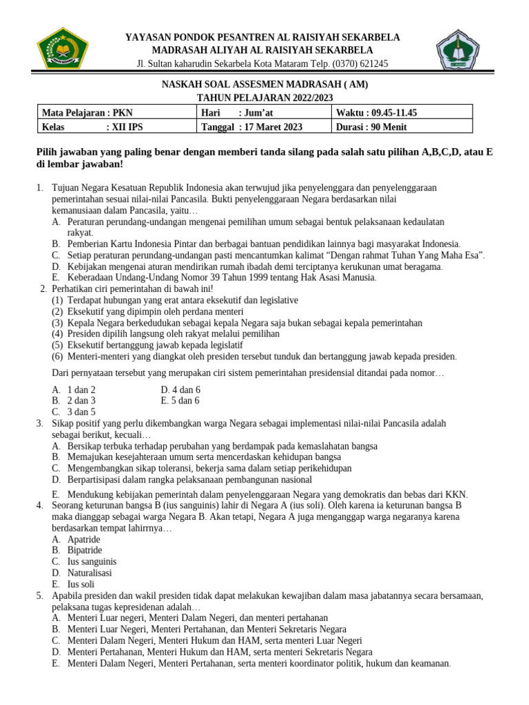 Soal PKN Am 2023 | PDF | Politik | Ilmu Sosial