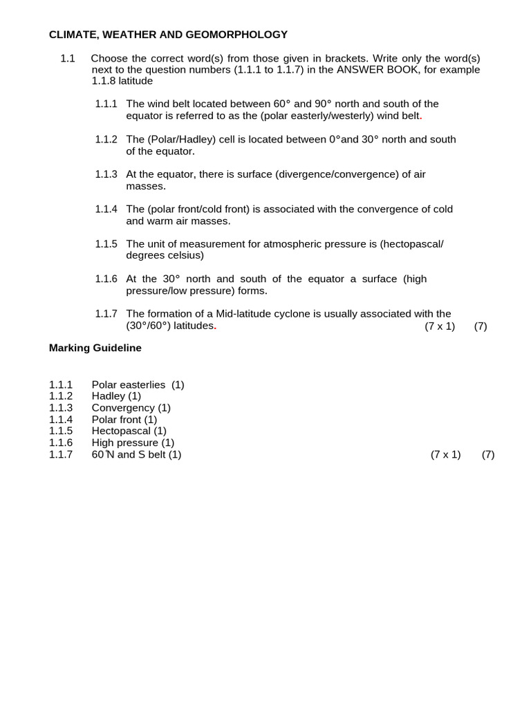Grade 11 Climate and Weather Q&A | PDF | Atmospheric Circulation | Wound
