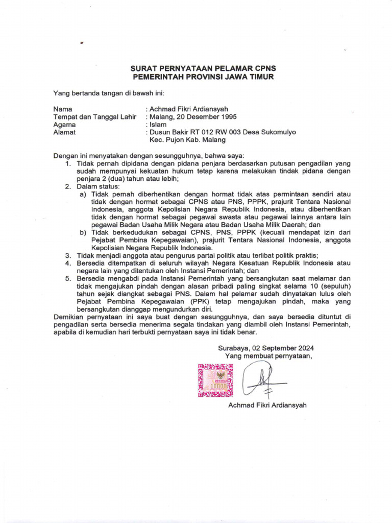 Surat Pernyataan Achmad Fikri Ardiansyah | PDF