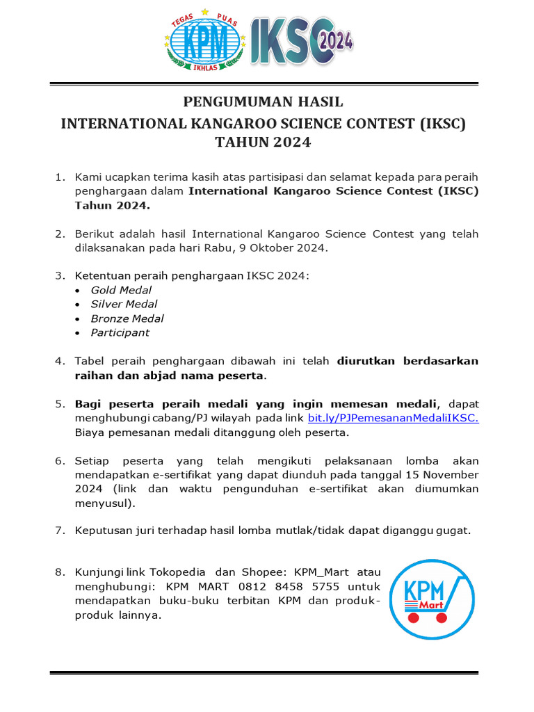Pengumuman INTERNATIONAL KANGAROO SCIENCE CONTEST (IKSC) TAHUN 2024 ...