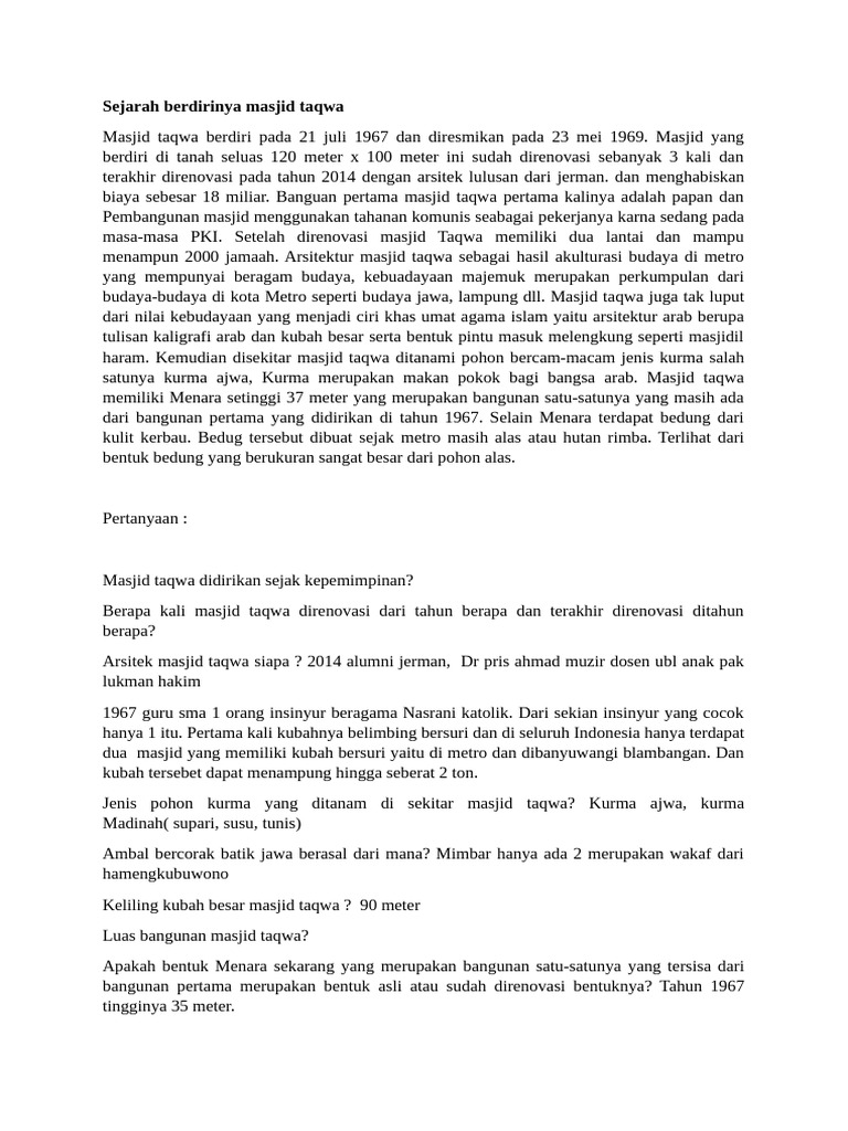 Sejarah Berdirinya Masjid Taqwa | PDF | Perjalanan