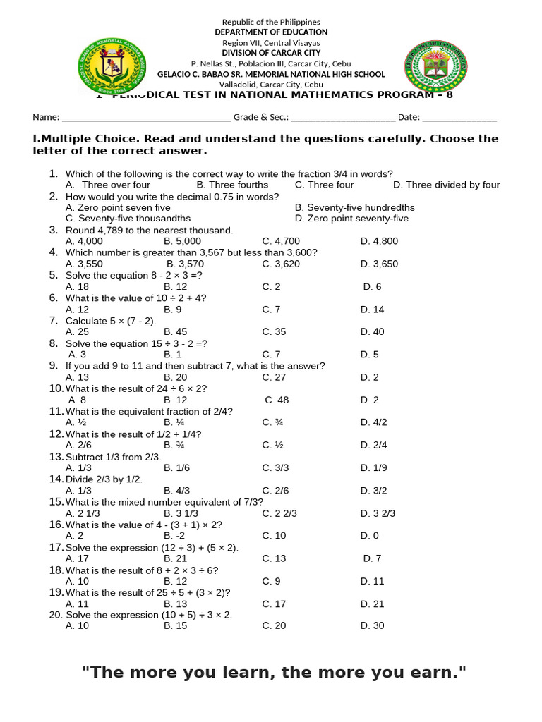 TQ Math 8 Q1 | PDF | Elementary Mathematics | Numbers