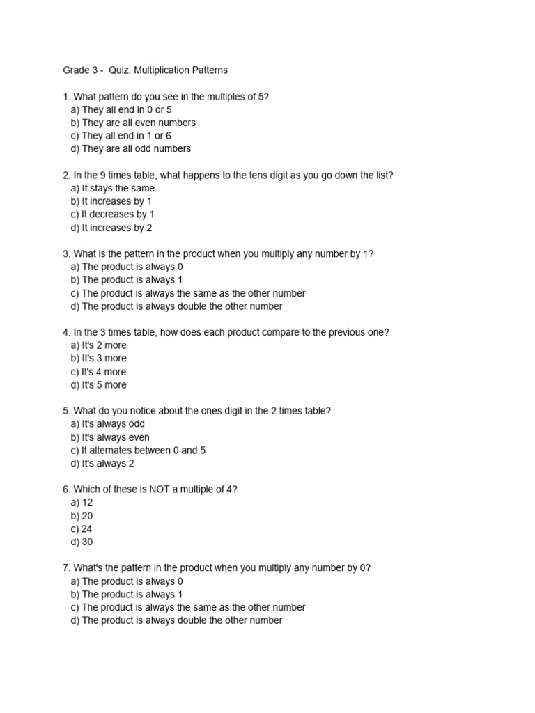 Quiz - Basic Multiplication Patterns | PDF | Multiplication | Mathematics