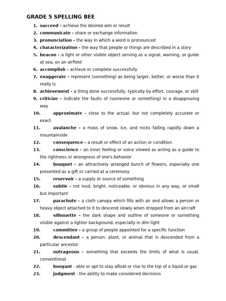 Grade 5 Spelling Bee Word List | PDF | Home & Garden