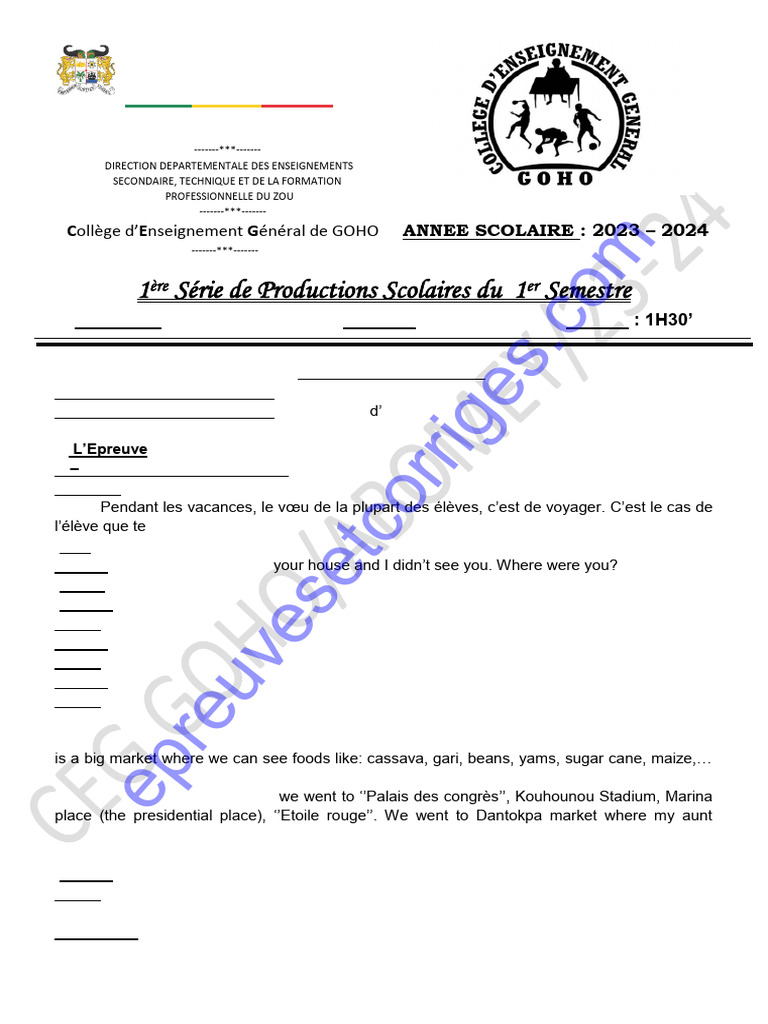 Anglais 5eme 1er Devoir Du 1er Semestre 2023-2024 Ceg Goho - Abomey | PDF | Foreign Language Studies