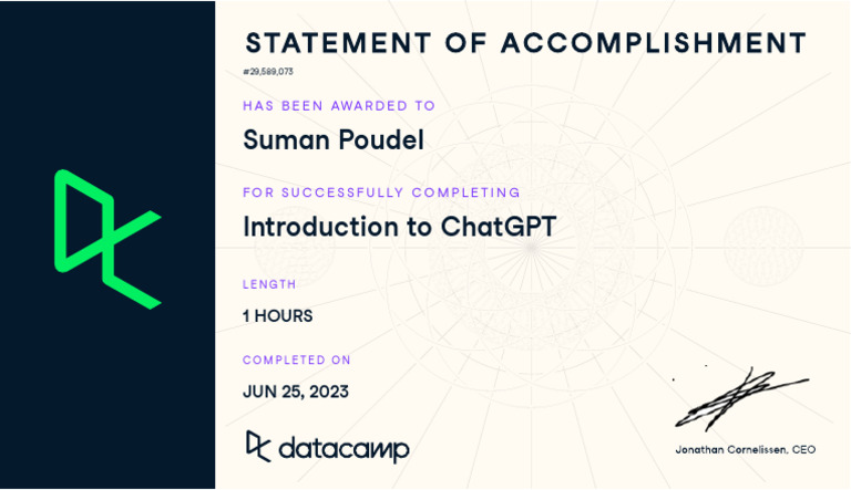 Statement of Accomplishment - Introduction to ChatGPT | PDF