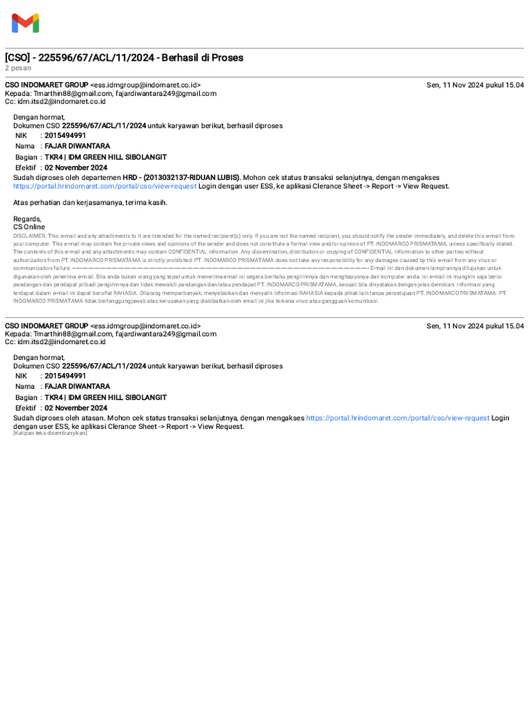 Gmail - (CSO) - 225596 - 67 - ACL - 11 - 2024 - Berhasil Di Proses | PDF | Pengelolaan Keuangan ...