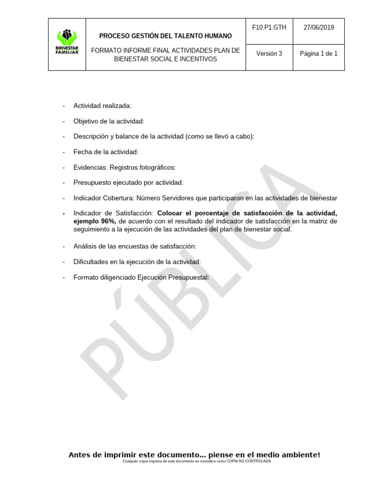 f10.p1.Gth Formato Informe Final Actividades Plan de Bienestar Social e Incentivos v3 | PDF ...