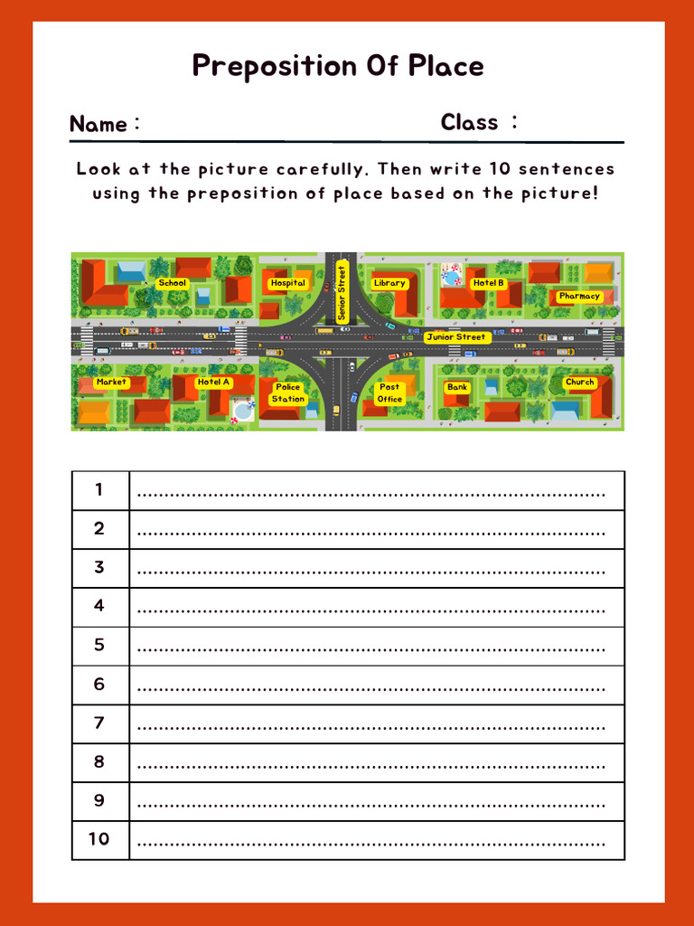 Red White Illustrated Preposition of Place English Worksheet | PDF