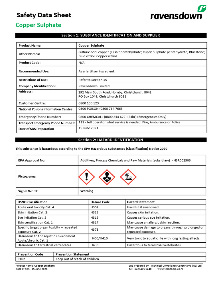 Copper Sulphate Safety Data Sheet | PDF | Dangerous Goods | Toxicity