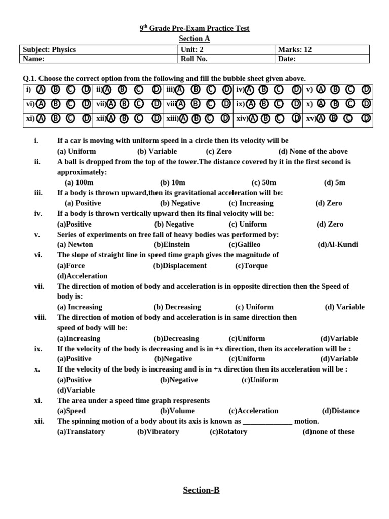9th Grade Chapter 2 Test | PDF | Acceleration | Velocity