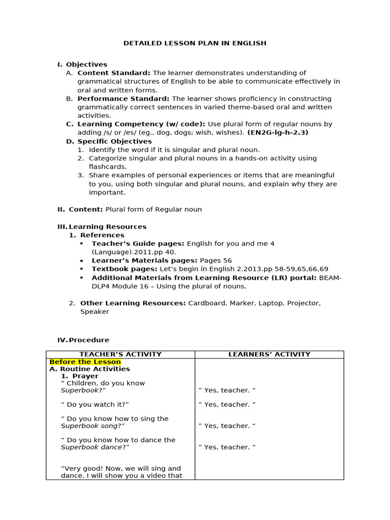 Detailed Lesson Plan in English 3 | PDF | Grammatical Number | Plural