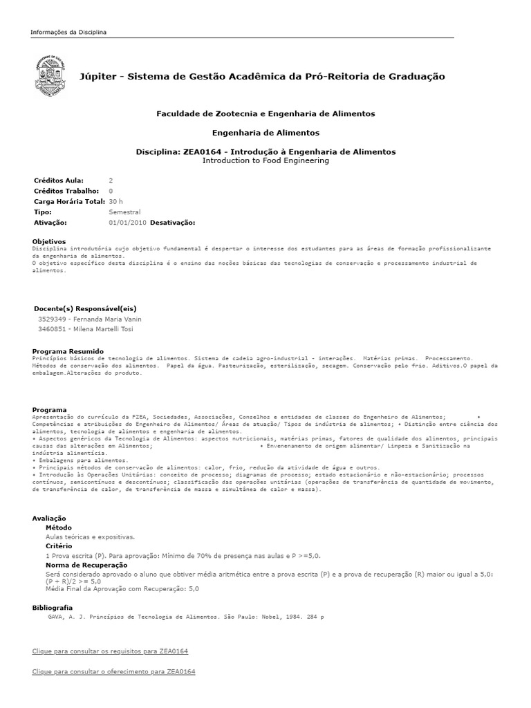 Ementa Eng. Alim USP (2022) - Introd À Eng. de Alim - 1°SEM | PDF | Engenharia