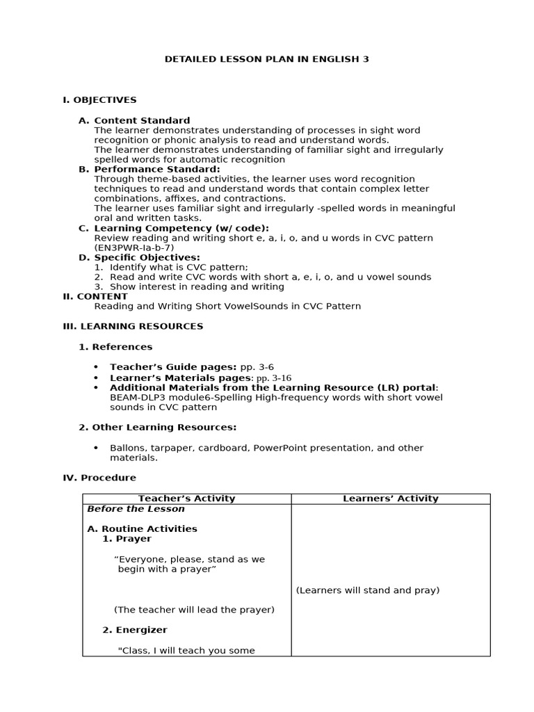 Detailed Lesson Plan in English 3 | PDF | Consonant | English Language