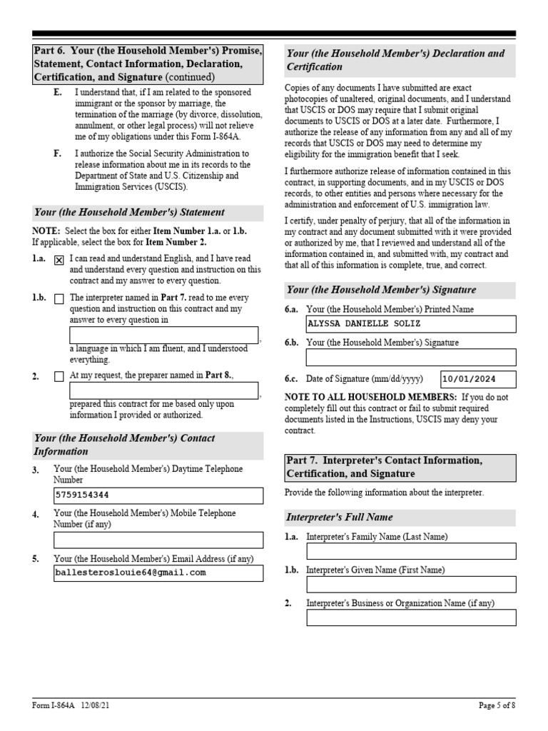 Form I-864A Household Member Authorization | PDF | United States ...