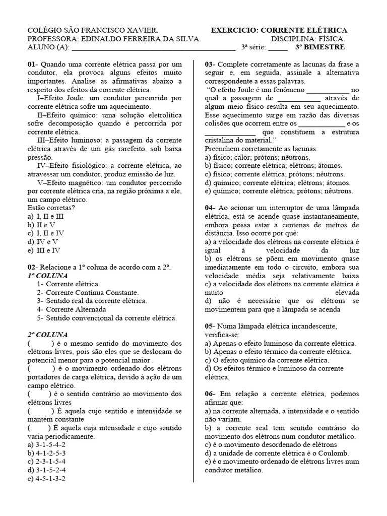 EXERCICIO Corrente Eletrica | PDF | Corrente elétrica | Eletricidade