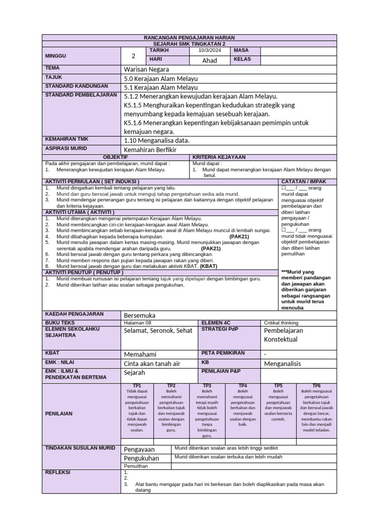 RPH SMK Minggu 2 Sejarah Tingkatan 2 2024 2025 by Cikgu Gorgeous | PDF ...