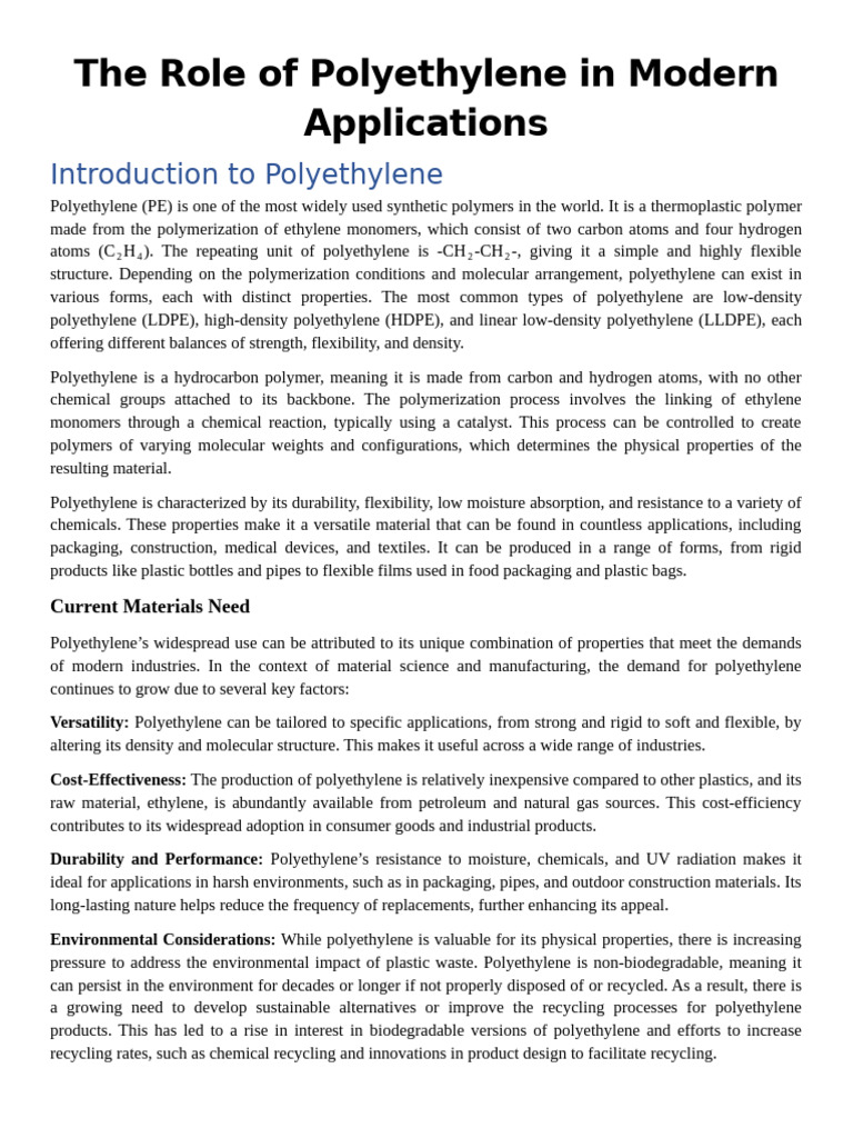 The Role of Polyethylene in Modern Applications | PDF | Polyethylene ...