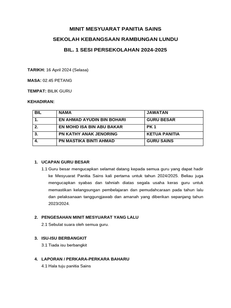 Minit-Mesyuarat-Panitia-Kali-Pertama 2024 | PDF