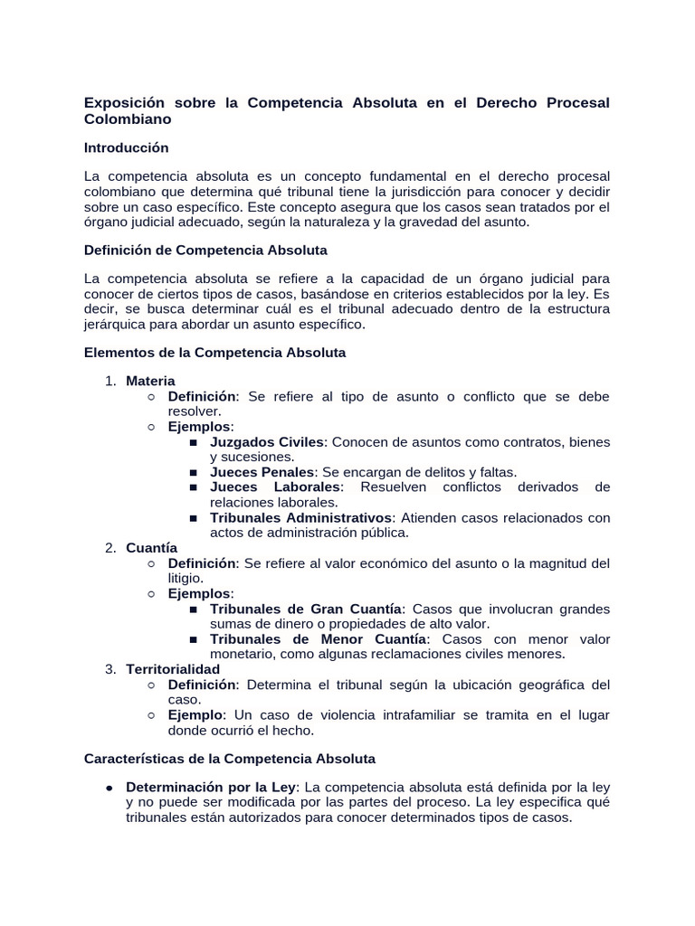 Competencia Absoluta en Derecho Colombiano | PDF | Ley procesal ...