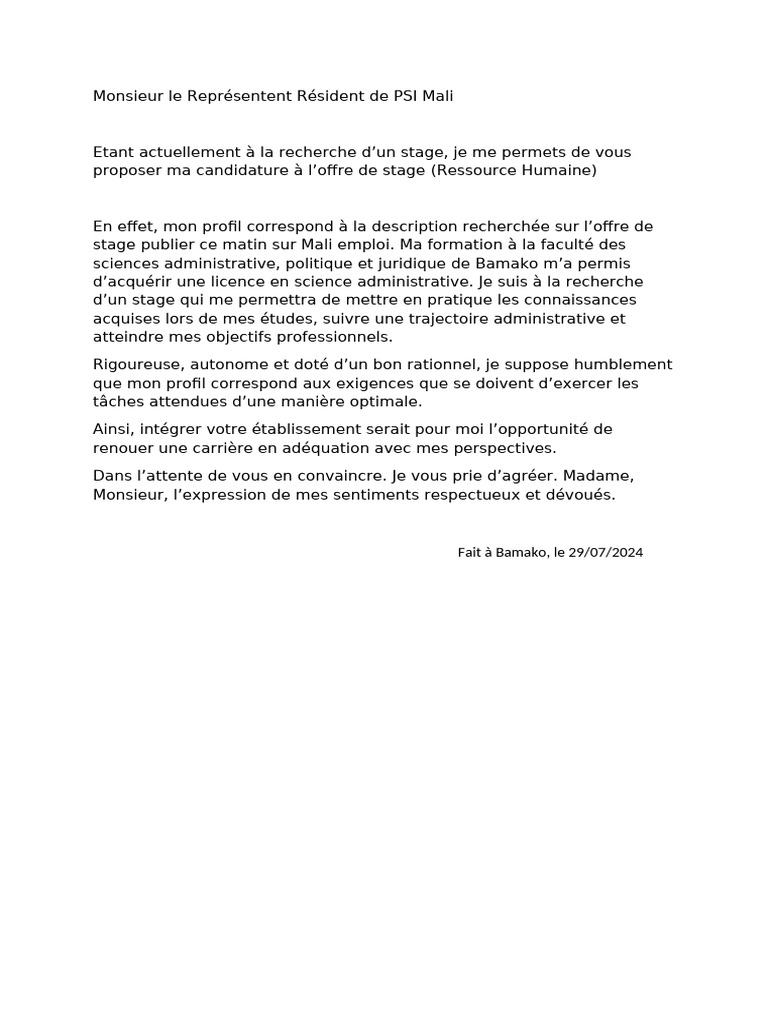 Demande de stage en Ressources Humaines | PDF