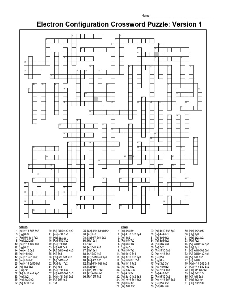Electron Configuration Crossword Puzzle: Version 1: Name | PDF