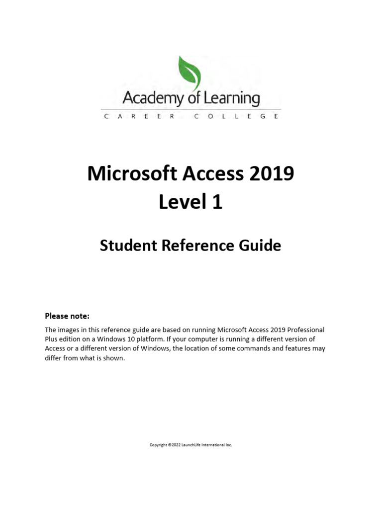 Access 2019 - Level 1 - Student Reference Guide - AOLCC | PDF | Microsoft Access | Databases