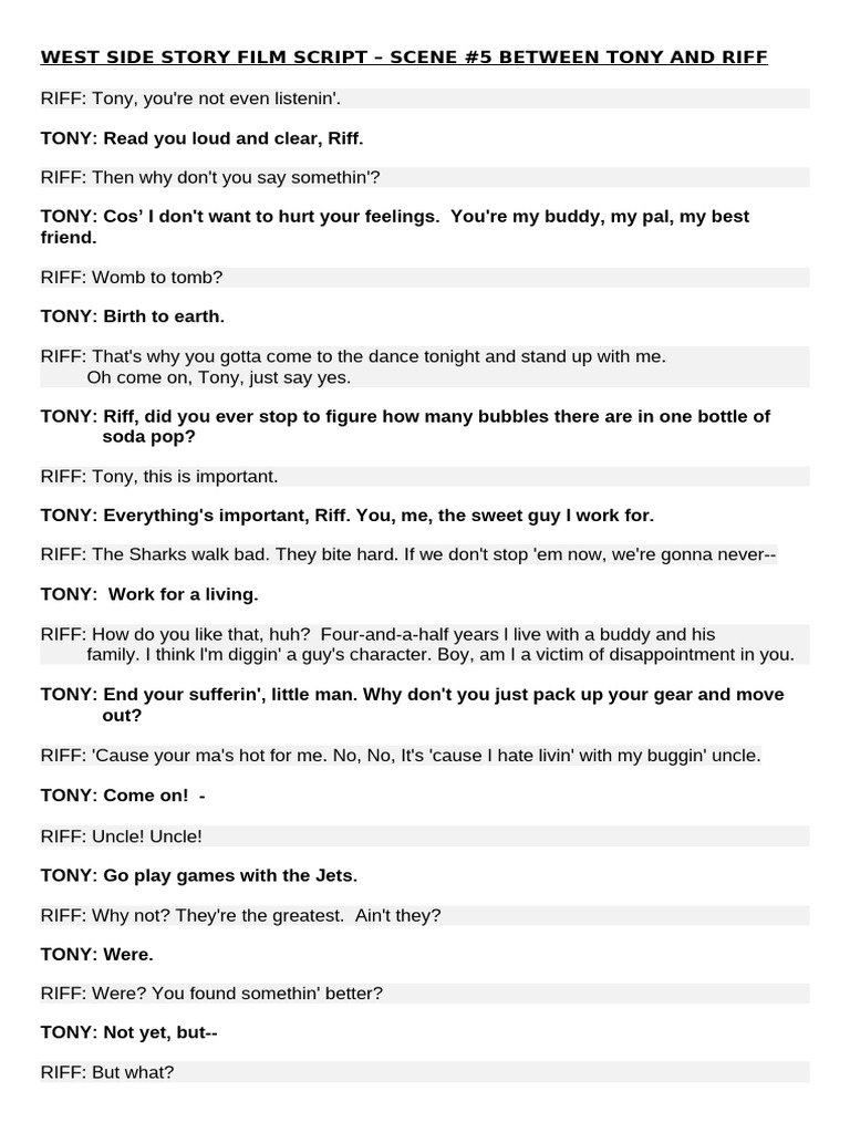 West Side Story Scene 5: Tony & Riff | PDF | Mystery, Thriller & Crime ...