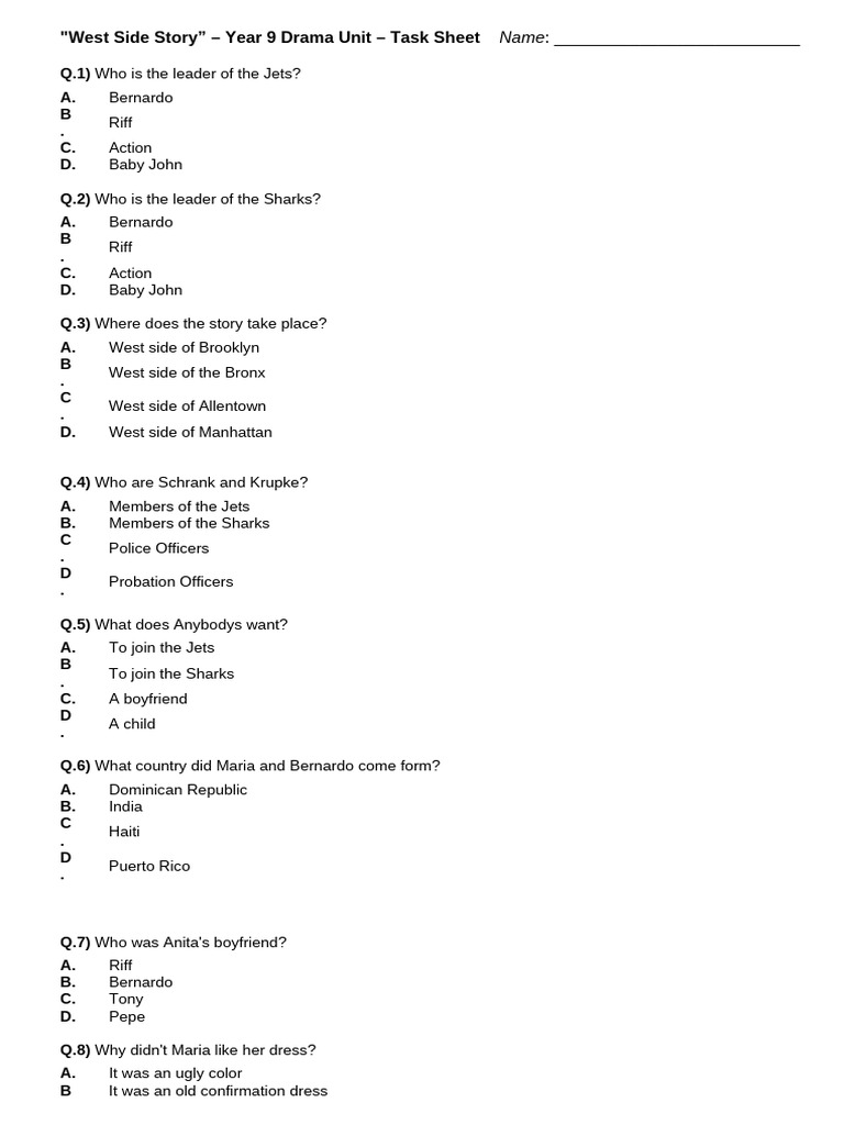 West Side Story Year 9 Drama Task Sheet | PDF | Travel