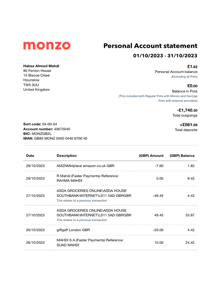 Monzo - Bank - Statement - 2023 10 01 2023 10 31 - 5078 | PDF | Deposit ...