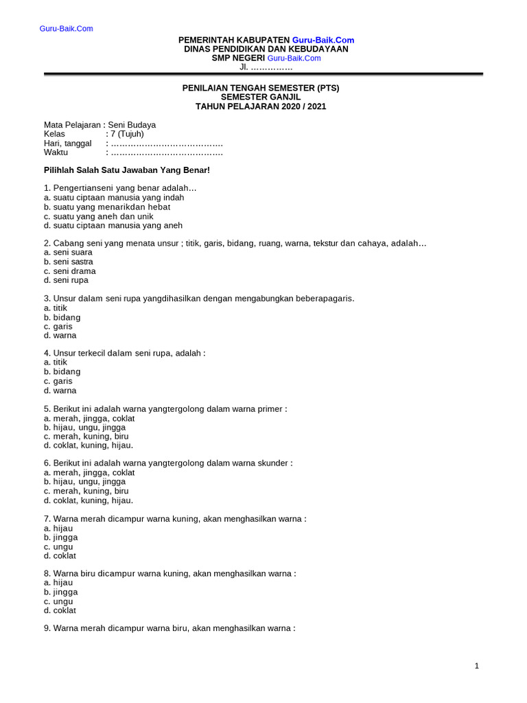 Soal & Jawaban PTS SBK Kelas 7 Semester 1 | PDF | Metode & Bahan Ajar | Griya & Taman
