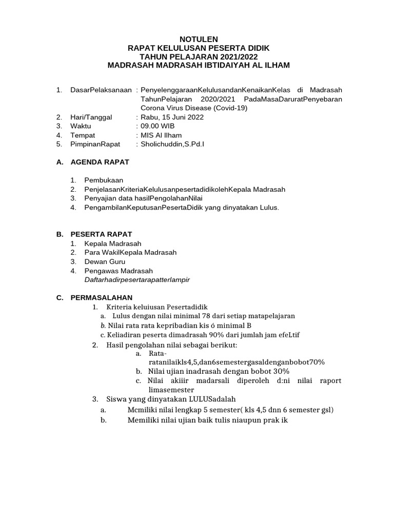 Contoh Notulen Rapat Kelulusan | PDF