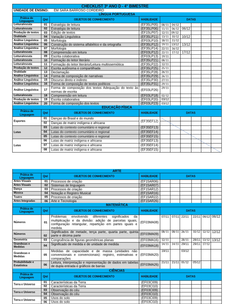 Checklist Escolar 3º Ano D 4º Bimestre | PDF | Linguística | Terra