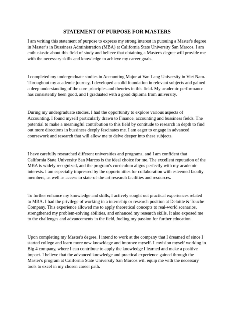 MBA Statement of Purpose: Trinh Que Huong | PDF | Master Of Business ...