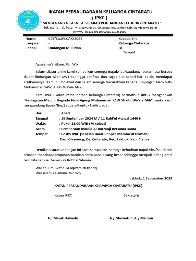 Undangan Peringatan Maulid Cintaratu | PDF