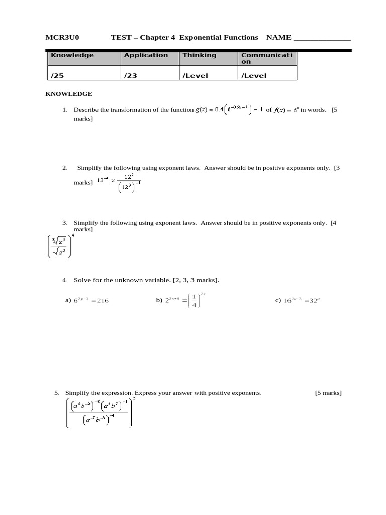 Exponential Functions Test MCR3U0 | PDF | Exponentiation | Function ...