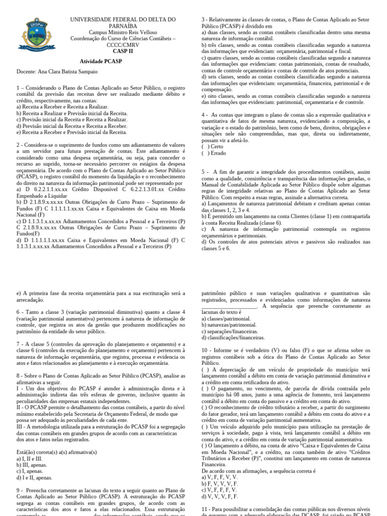 Atividade Sobre PCASP - 15.10.24 | PDF | Contabilidade | Receita