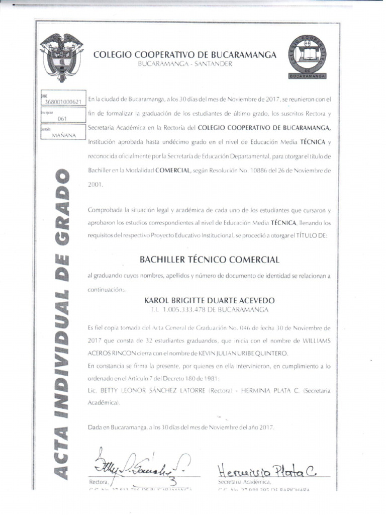 Acta de Bachiller | PDF