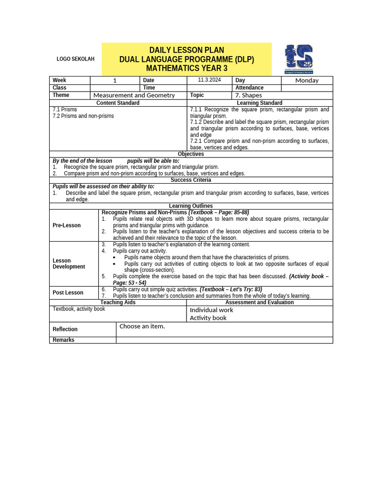Year 3 Math Lesson Plan: Shapes & Symmetry | PDF | Lesson Plan | Teachers