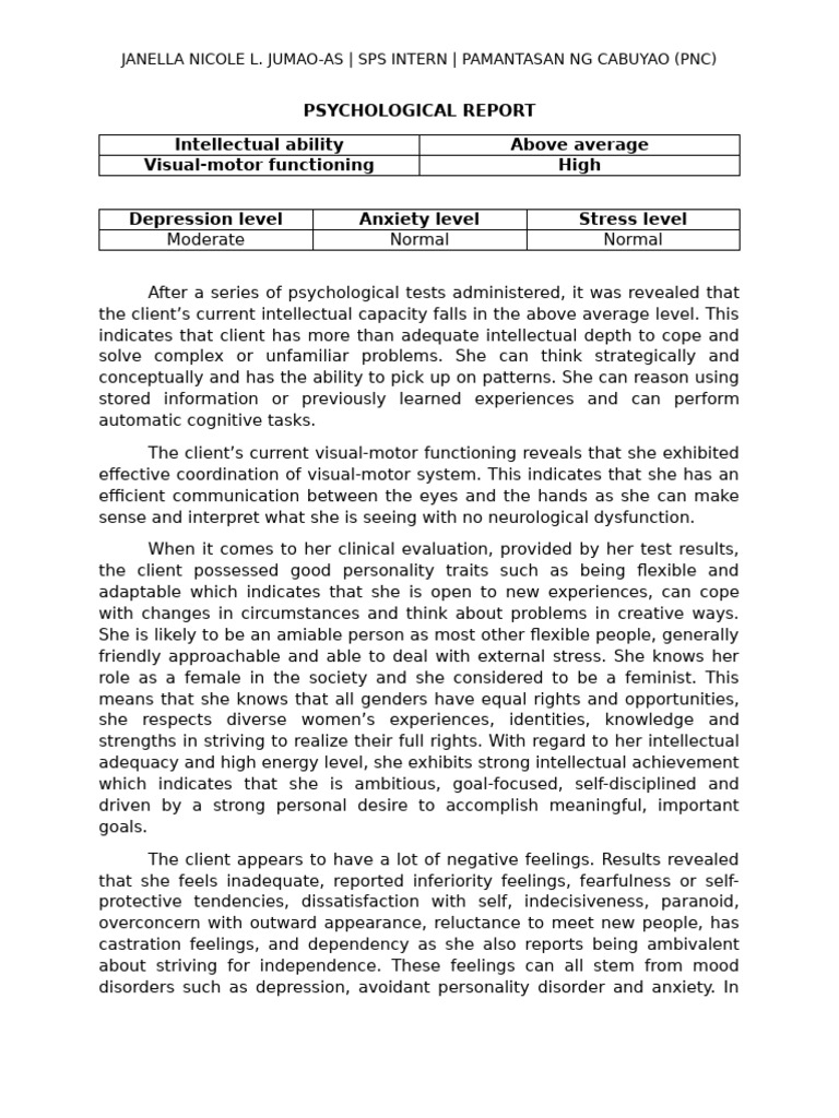 Psychological Report: Janella Nicole L. Jumao-as | PDF | Anxiety | Mood (Psychology)