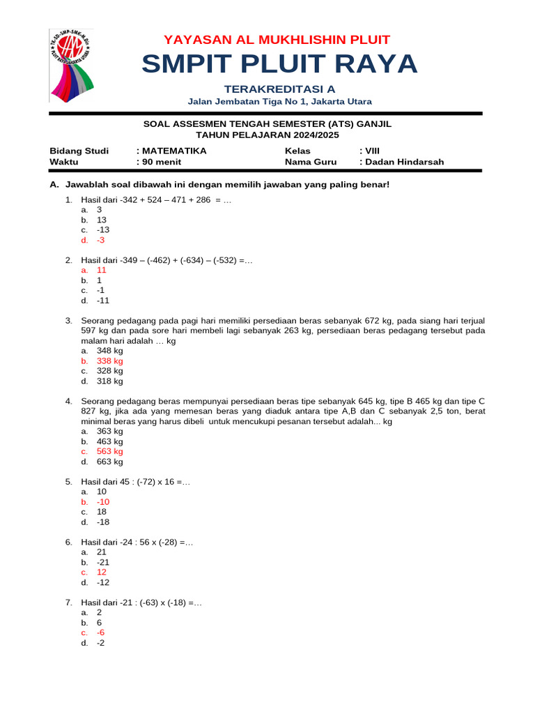 Perangkat Soal Ats Ganjil Matematika Kelas Viii Tahun 2024 | PDF